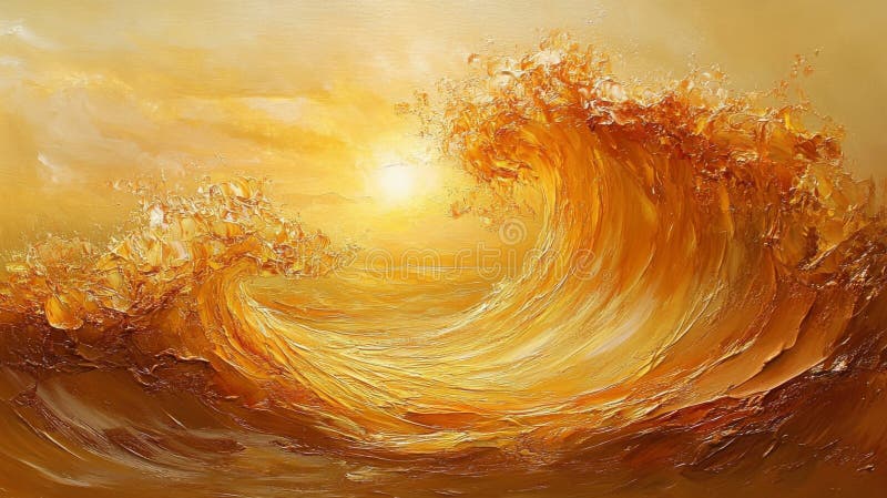 Golden Wave at Sunset, Ocean Seascape Painting Stock Illustration ...