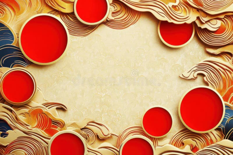 Golden Waves Flow Around Red Circles with Traditional Pattern ...