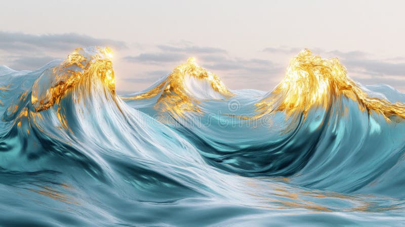 Golden Waves Ocean Abstract Surreal 3D Render Stock Illustration ...