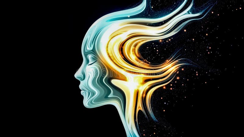 Glowing Human Head with Golden Waves and Particles Emanating from Mind ...