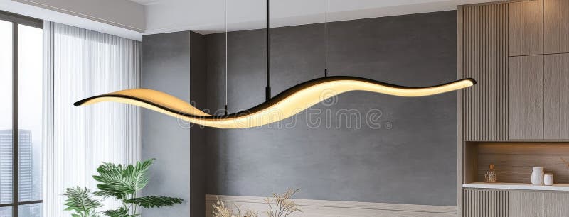 Golden Wavy Ceiling Light Hangs Over a Stylish Dining Table, Enhancing ...
