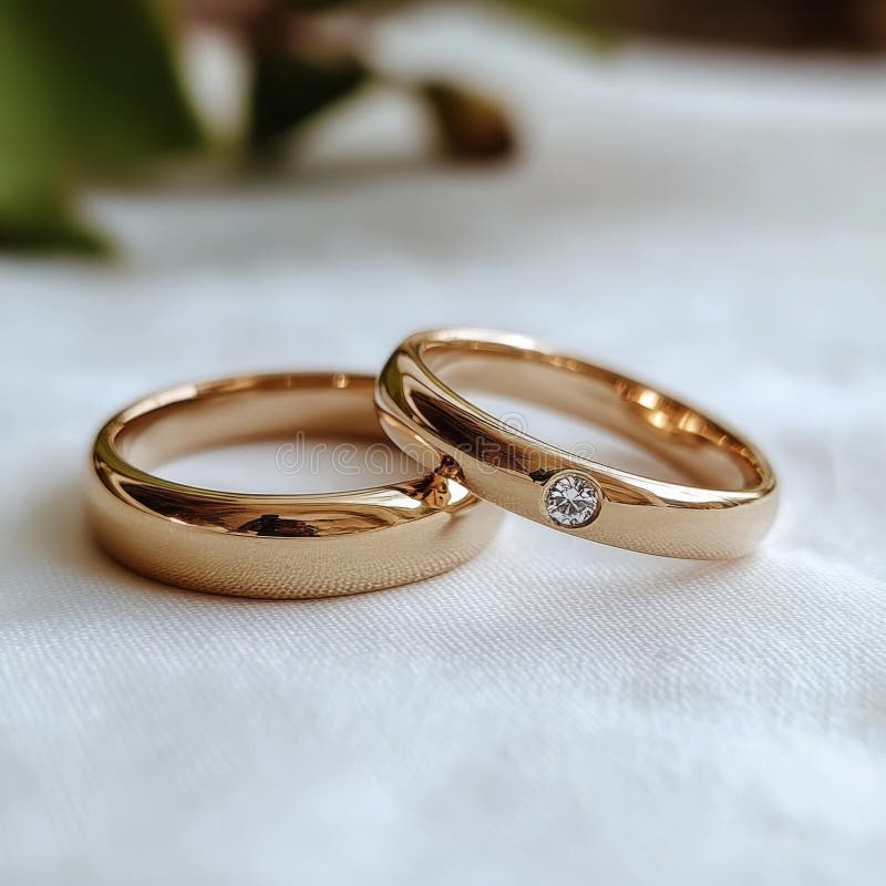 Golden Wedding Bands with Diamond on White Fabric Stock Photo - Image ...