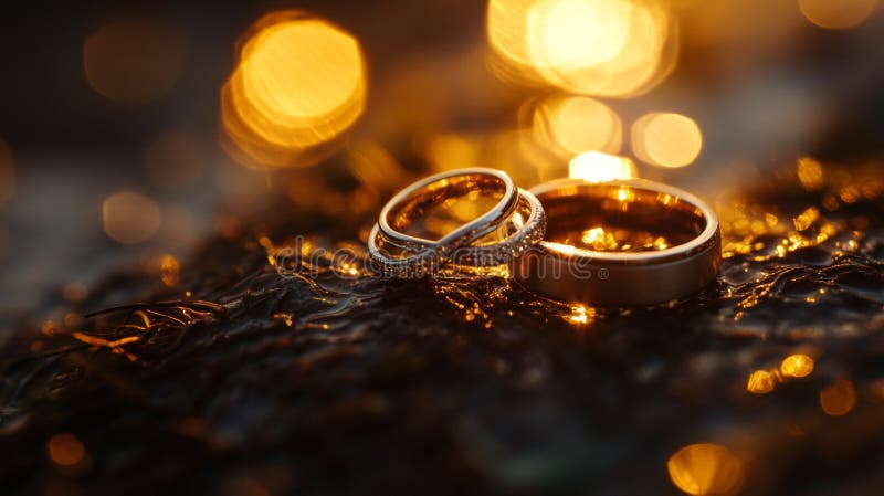 Golden Wedding Rings on Dark Beach at Sunset Stock Illustration ...