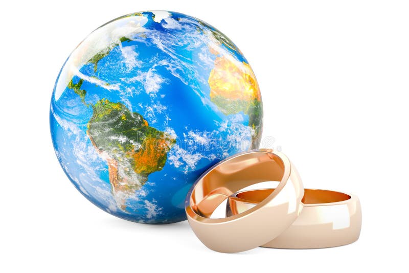 Golden Wedding Rings with Earth Globe. 3D Rendering Stock Illustration ...