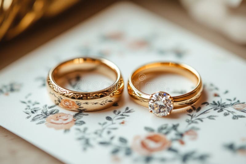 Golden Wedding Rings Resting on Floral Paper Stock Image - Image of ...