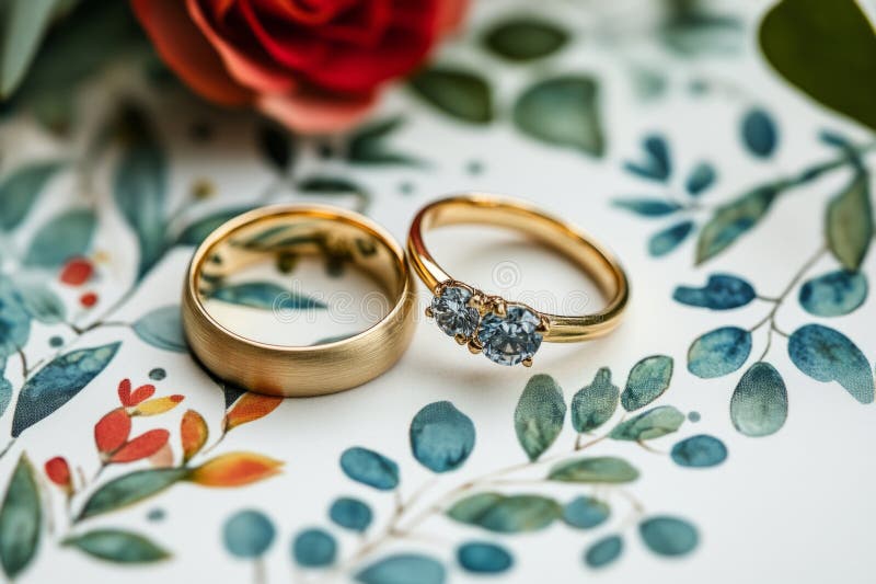 Golden Wedding Rings Resting on Floral Paper Stock Image - Image of ...