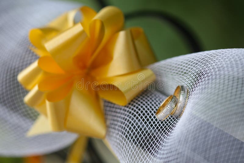 Golden Wedding Rings on the White Mesh with Yellow Ribbon Stock Image ...