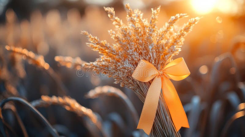 Golden Wheat Bundle Tied with Orange Ribbon Stock Illustration ...
