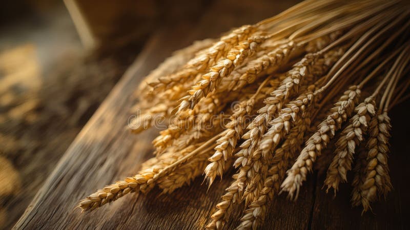 Golden Wheat Bundles Laid Neatly on a Wooden Surface, Captured in Sharp Focus with Bright ...