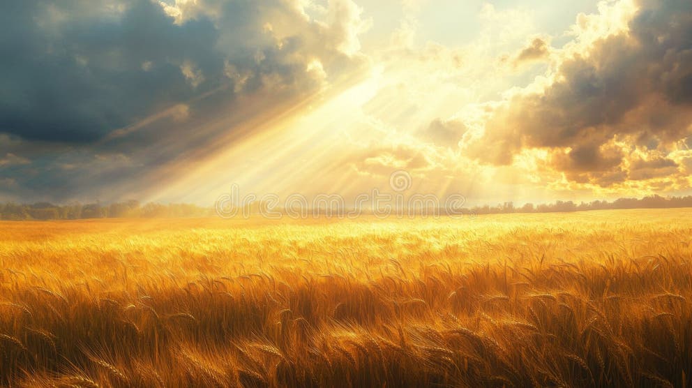 Golden Wheat Field Basking in Sunlight with Dramatic Clouds Stock ...