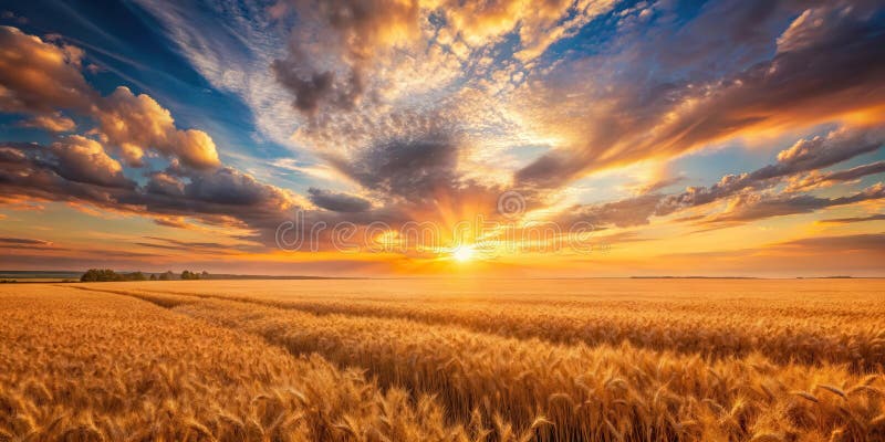 Golden Wheat Field Basking in the Warm Glow of a Dramatic Sunset ...