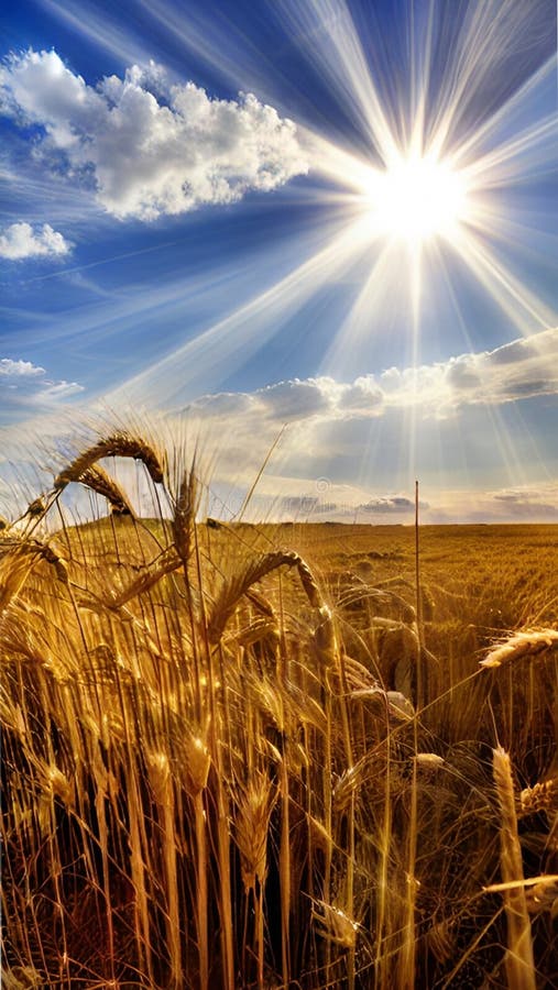 Golden Wheat Field with Blue Sky and Sun Rays Illustration Artificial ...
