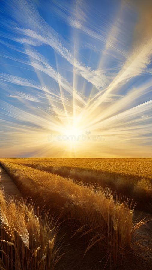 Golden Wheat Field with Blue Sky and Sun Rays Illustration Artificial ...