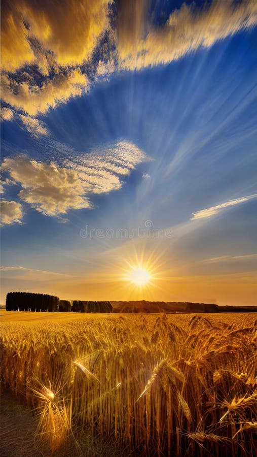 Golden Wheat Field with Blue Sky and Sun Rays Illustration Artificial ...
