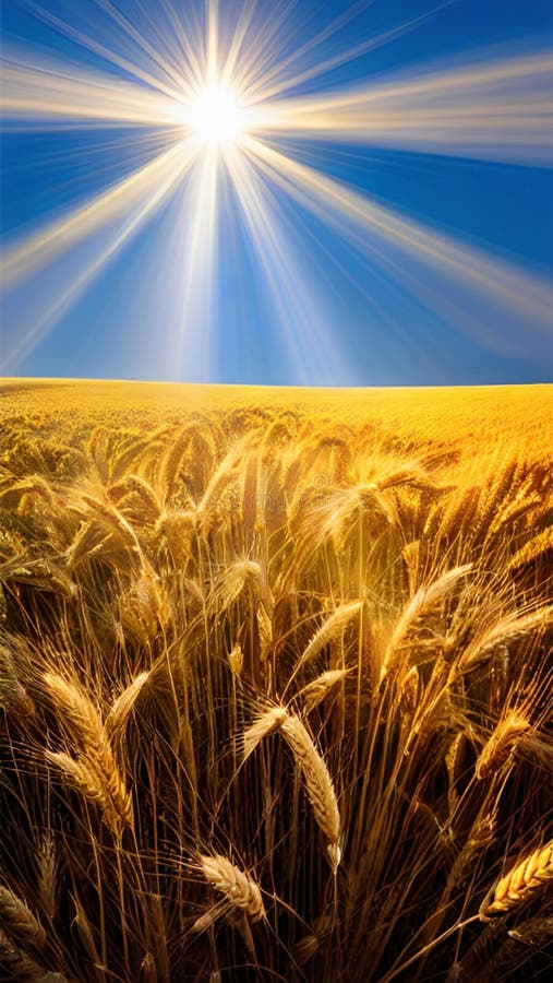 Golden Wheat Field with Blue Sky and Sun Rays Illustration Artificial ...