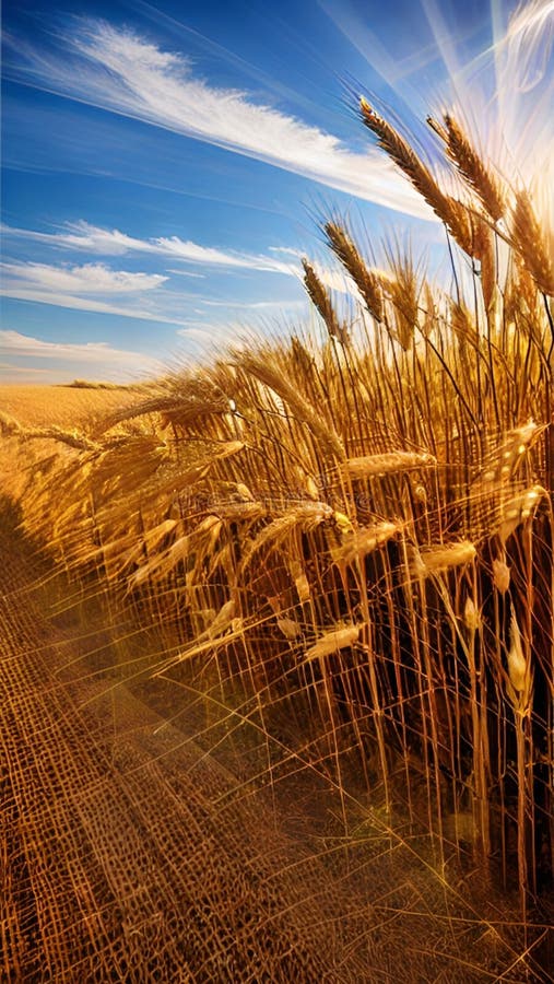 Golden Wheat Field with Blue Sky and Sun Rays Illustration Artificial ...
