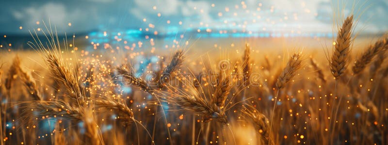 Golden Wheat Field with Digital Technology Overlay, Glowing Particles ...