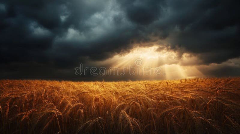 Golden Wheat Field with Dramatic Sky and Light Rays Stock Illustration ...