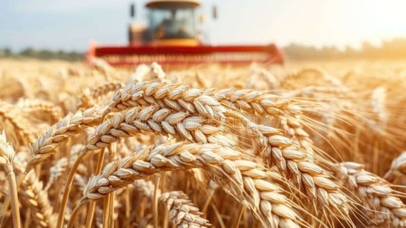Golden Wheat Field with Harvesting Combine in the Background at Sunset ...