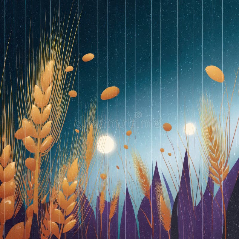 Golden Wheat Field Illustration with Moon in the Background and ...