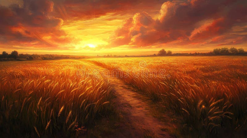 Golden Wheat Field Path at Sunset Stock Illustration - Illustration of ...