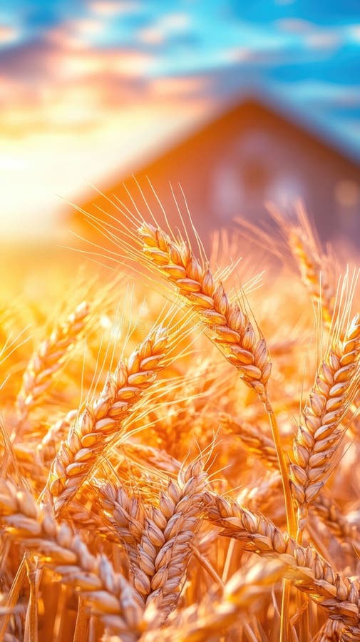 Golden Wheat Field in Sunlight with Rustic Farmhouse in Background ...