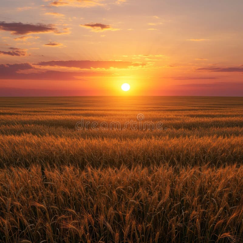 Golden Wheat Field at Sunset Stock Illustration - Illustration of scene ...