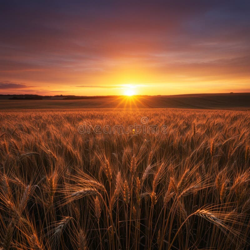 Golden Wheat Field at Sunset Stock Illustration - Illustration of color ...