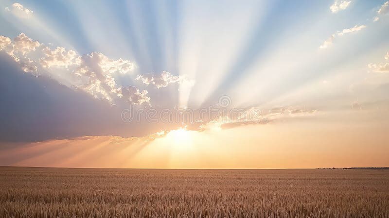 Golden Wheat Field at Sunset with Crepuscular Rays Breaking through ...