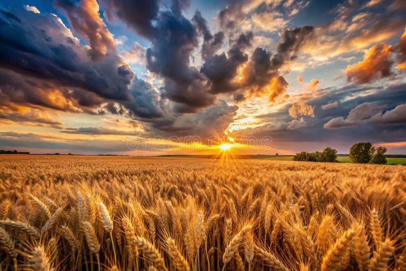 Golden Wheat Field at Sunset with Dramatic Clouds Stock Illustration ...
