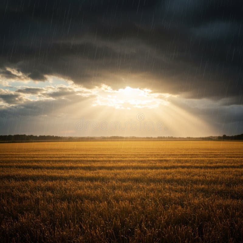 Golden Wheat Field Sunset with Dramatic Sunbeams Stock Illustration ...