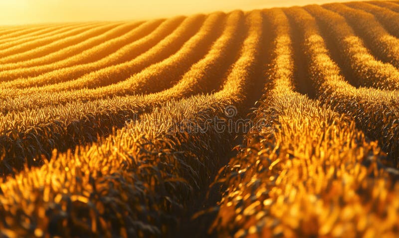 Golden Wheat Field at Sunset with Illuminated Rows Stock Illustration ...