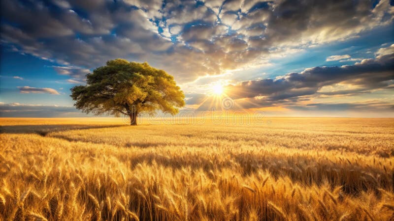 Golden Wheat Field at Sunset with a Lone Tree. Generative AI Stock ...