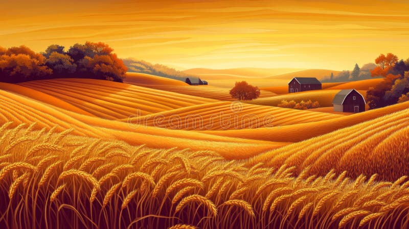 Golden Wheat Field Sunset Pixel Art Stock Illustration - Illustration ...