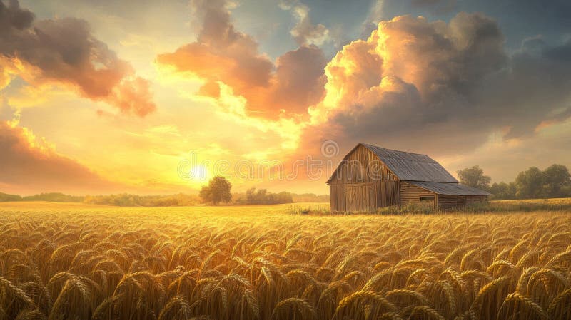Golden Wheat Field Sunset with Rustic Barn Stock Illustration ...