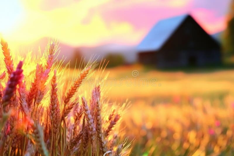Golden Wheat Field at Sunset with Rustic Barn in Background Stock Photo ...