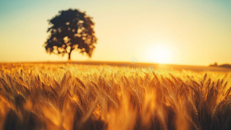 Golden Wheat Field at Sunset with Silhouetted Tree Stock Image - Image ...