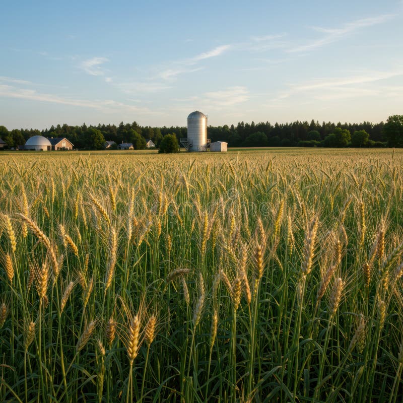 Golden Wheat Field at Sunset with Silos and Farm Buildings in the ...
