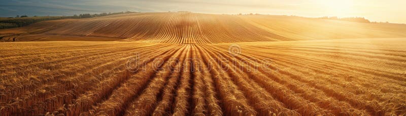 Golden Wheat Field at Sunset, Sun Rays Illuminate Rows of Crops Stock ...