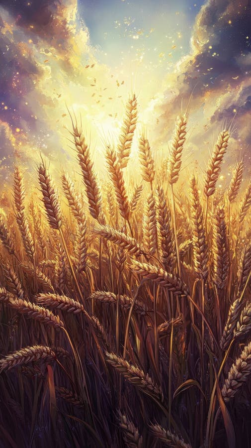 Golden Wheat Field at Sunset with Sunlight Streaming through Clouds ...