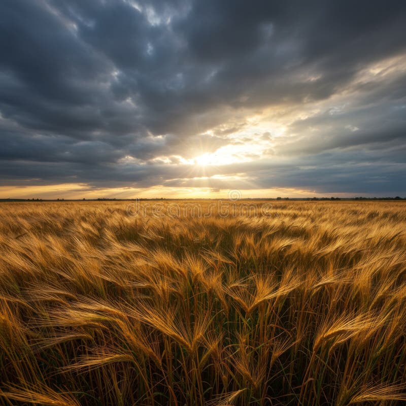 Golden Wheat Field at Sunset Under Dramatic Sky Stock Illustration ...