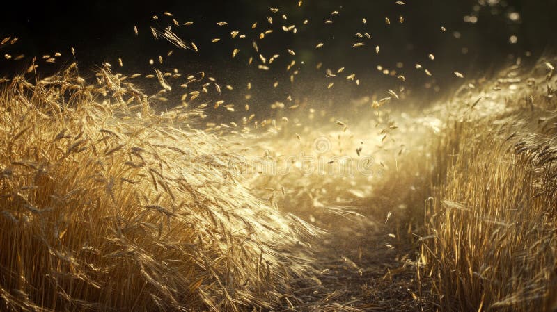 Golden Wheat Field with Swarm of Bees at Sunset Stock Illustration ...