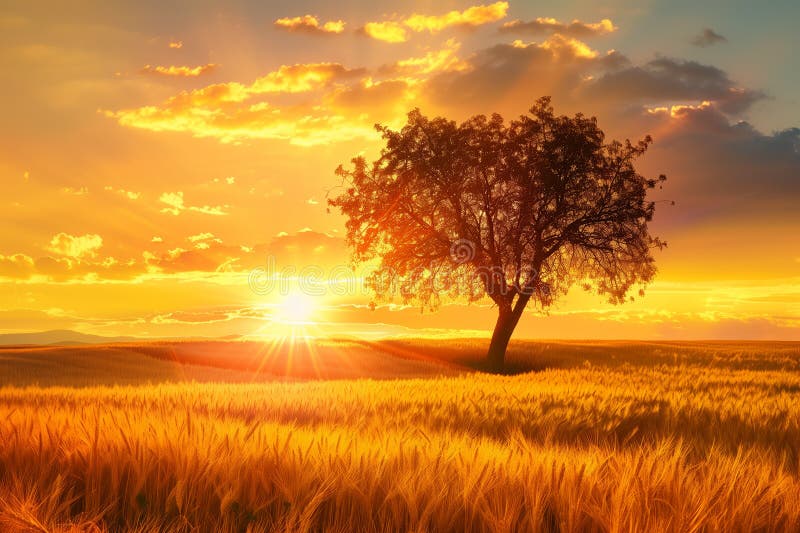 Golden Wheat Field with Tree at Sunset. Stock Illustration ...