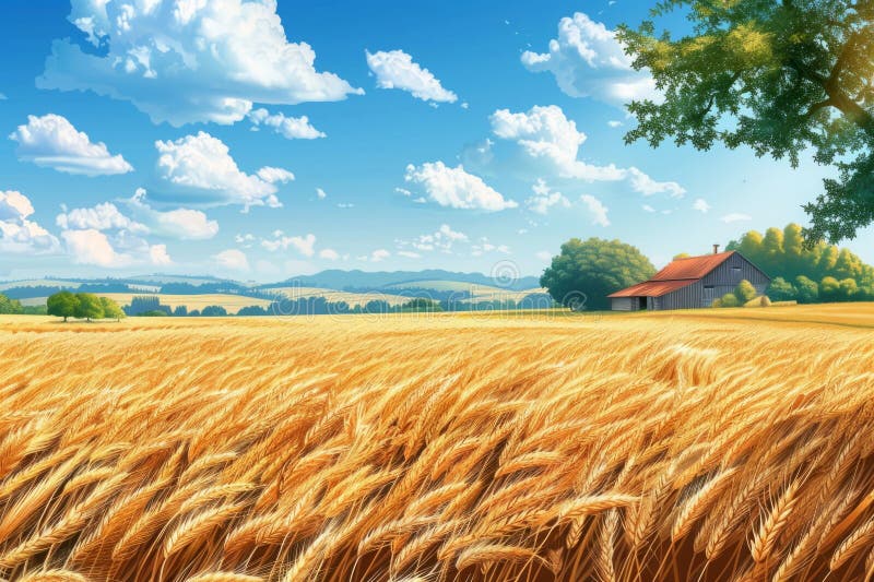 Golden Wheat Field Under a Cloudy Sky in Drawing Style Stock Image ...