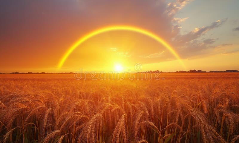 Golden Wheat Field Under Vibrant Sunset with Rainbow Arching Across Sky ...