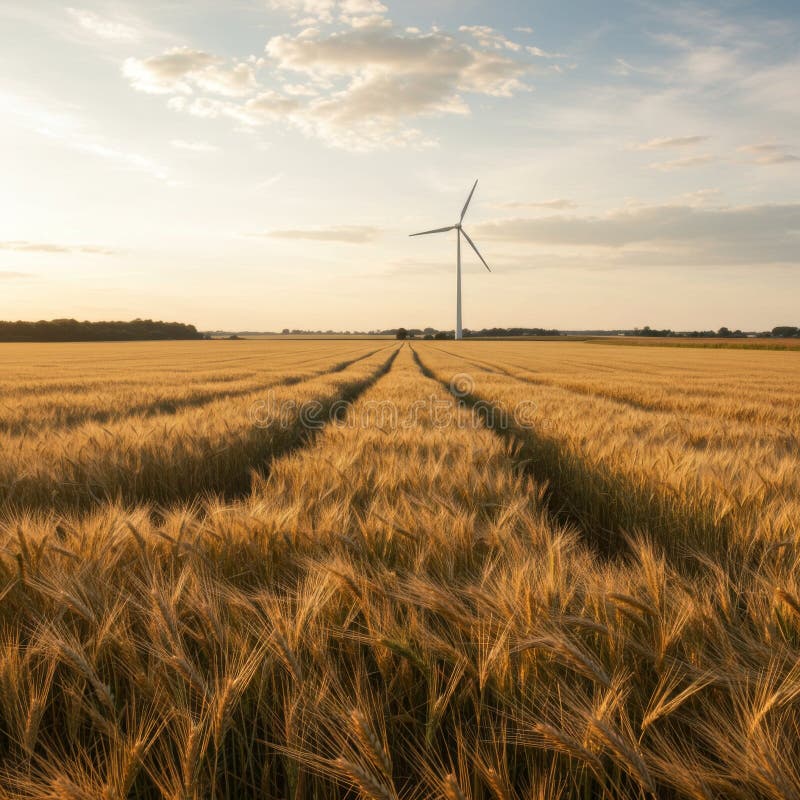Golden Wheat Field with Wind Turbine at Sunset Stock Illustration ...