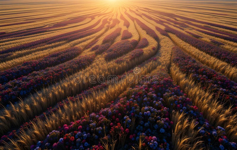 Golden Wheat Field with Vibrant Flower Borders at Sunrise Stock ...