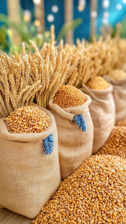 Golden Wheat and Grain Display in Rustic Burlap Sacks at Market Stock ...