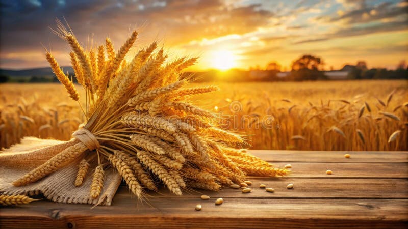 Golden Wheat Sheaf at Sunset on Rustic Wooden Table. Generative AI ...
