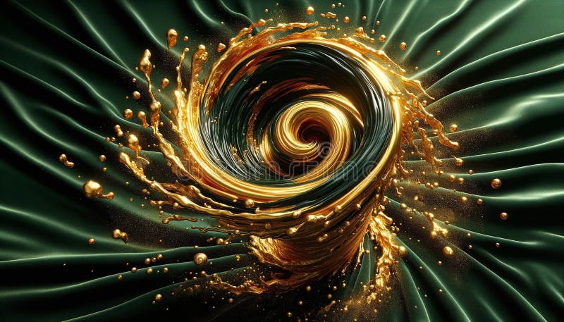 Golden Whirlpool on Emerald Velvet with Dynamic Splashes Stock ...